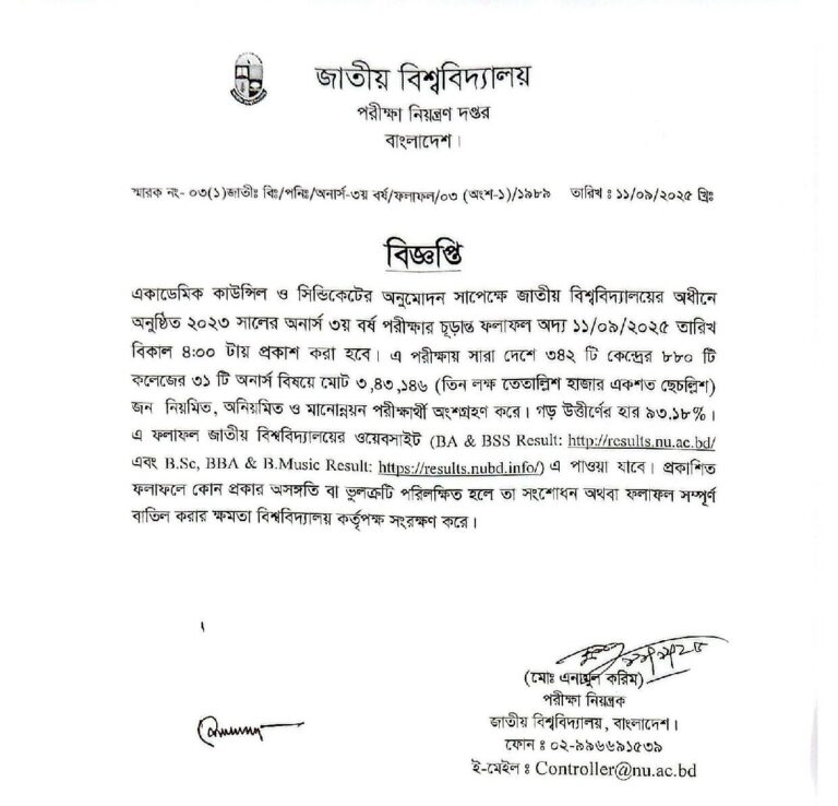 NU Honours 3rd Year Result 2025 with Marksheet - Education Board Result BD